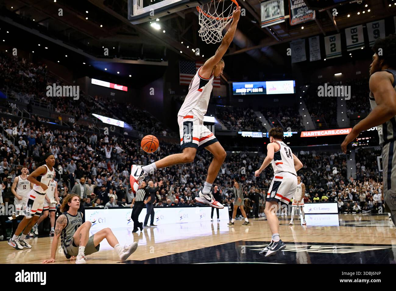 UConn forward Jayden Ross follows through on a dunk in the second half ...