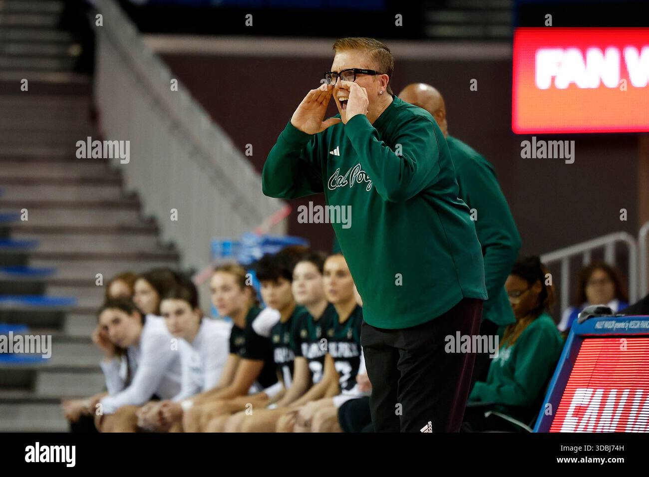 Cal Poly head coach Shanele Stires yells out to players during the ...