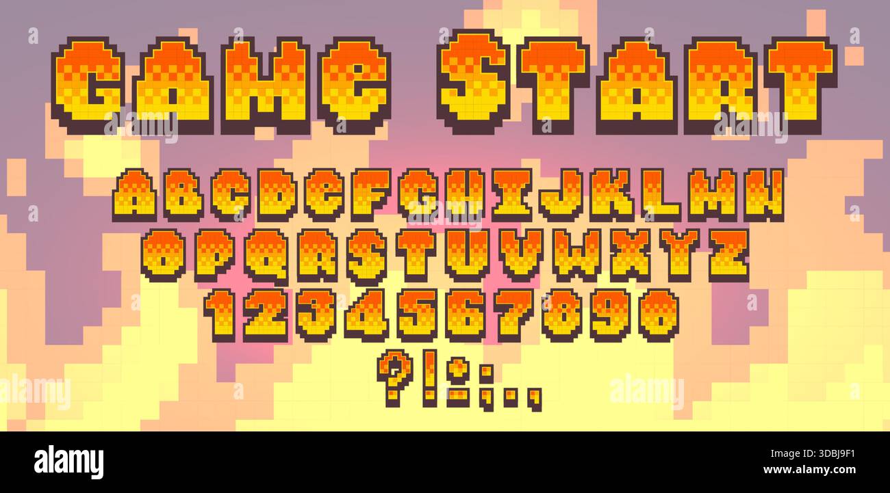 Pixel art retro game font with orange and yellow gradient alphabet ...