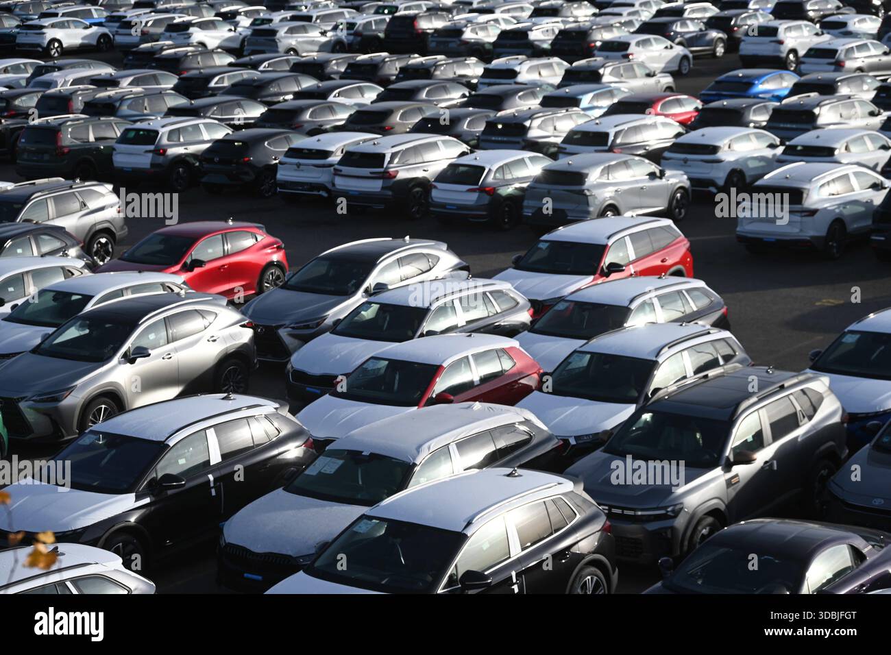 Cars, new cars, are parked, various makes, are parked in a parking lot ...