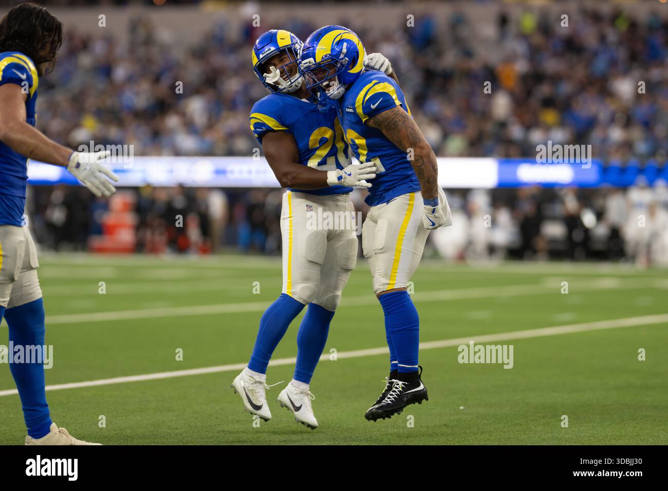 Los Angeles Rams running back Blake Corum (22) celebrates hist ...
