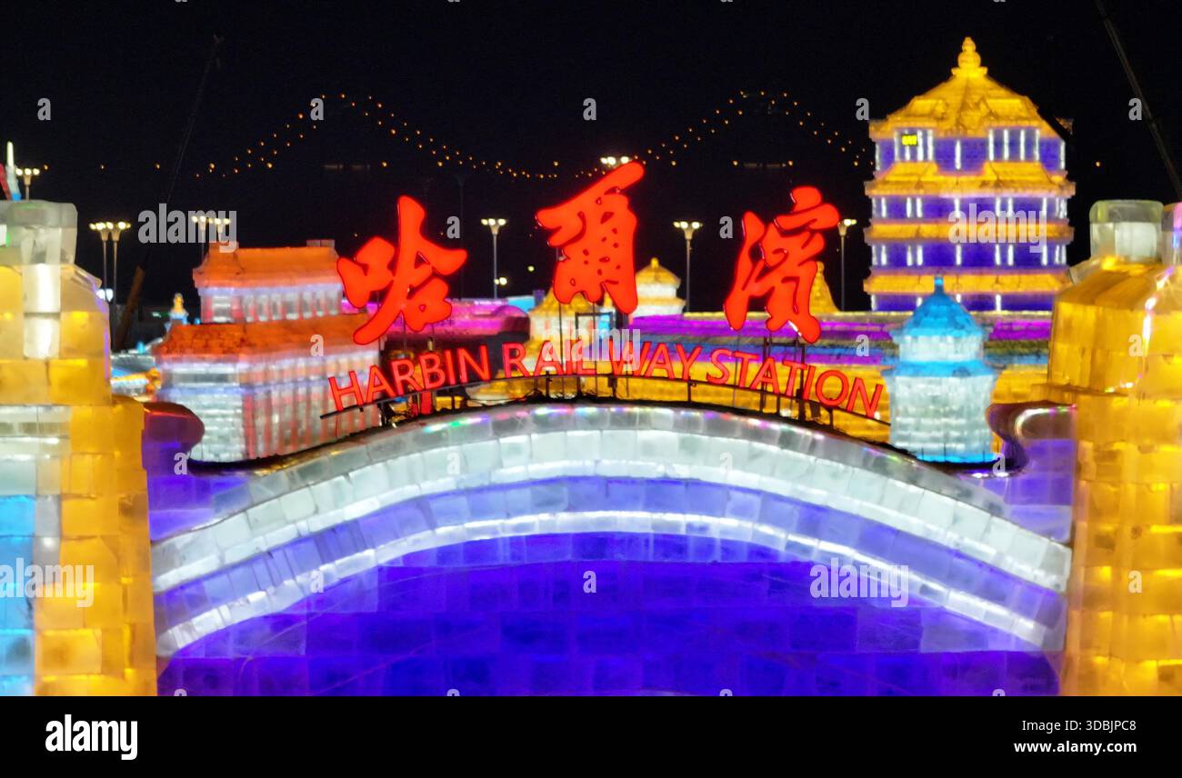 Night view of the 27th Harbin Ice and Snow World in Harbin City ...