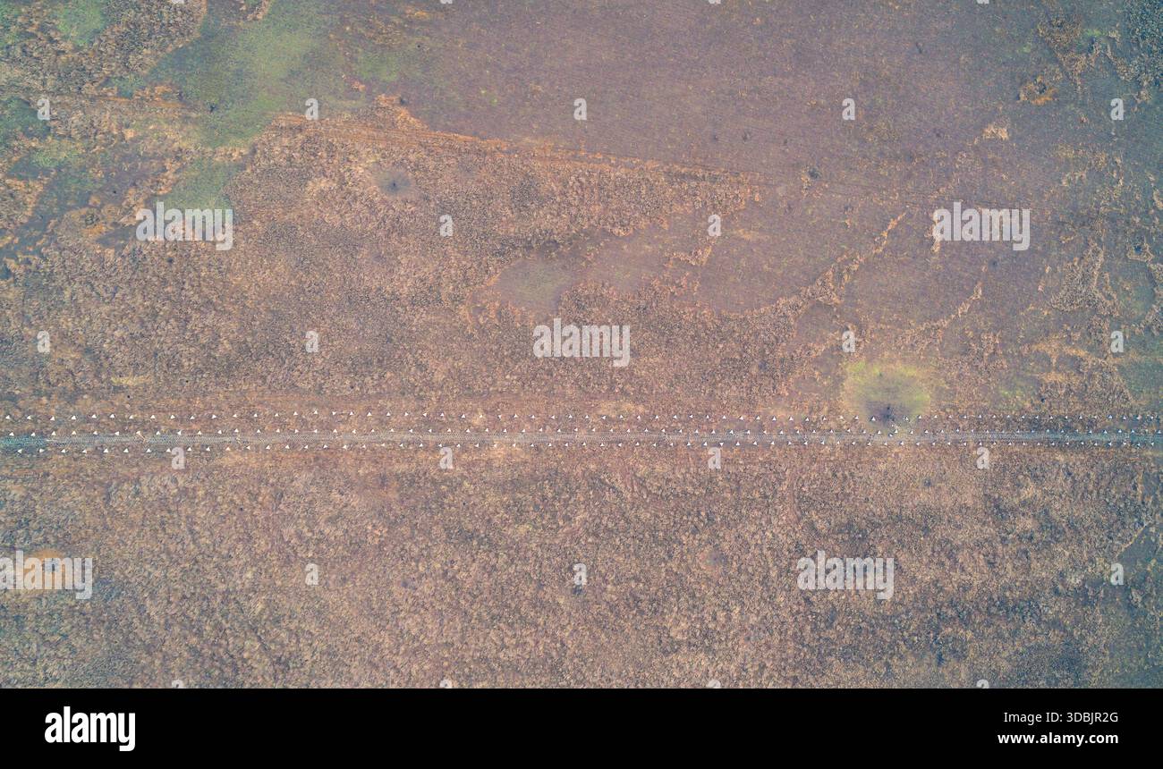 Aerial drone view of defensive fortification line featuring concrete ...