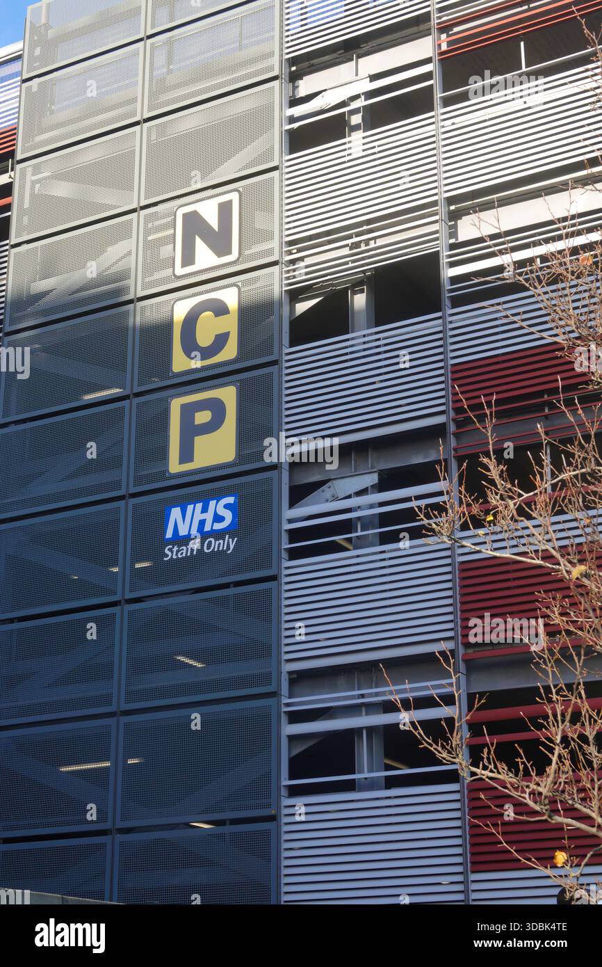 The exterior signage of an NCP car park designated for NHS staff only ...