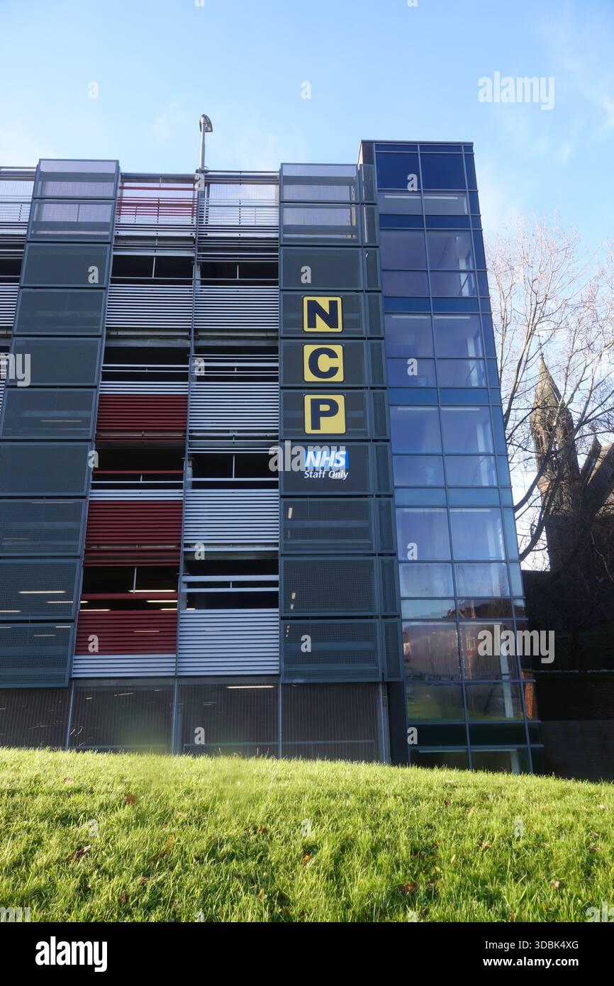 The exterior signage of an NCP car park designated for NHS staff only ...
