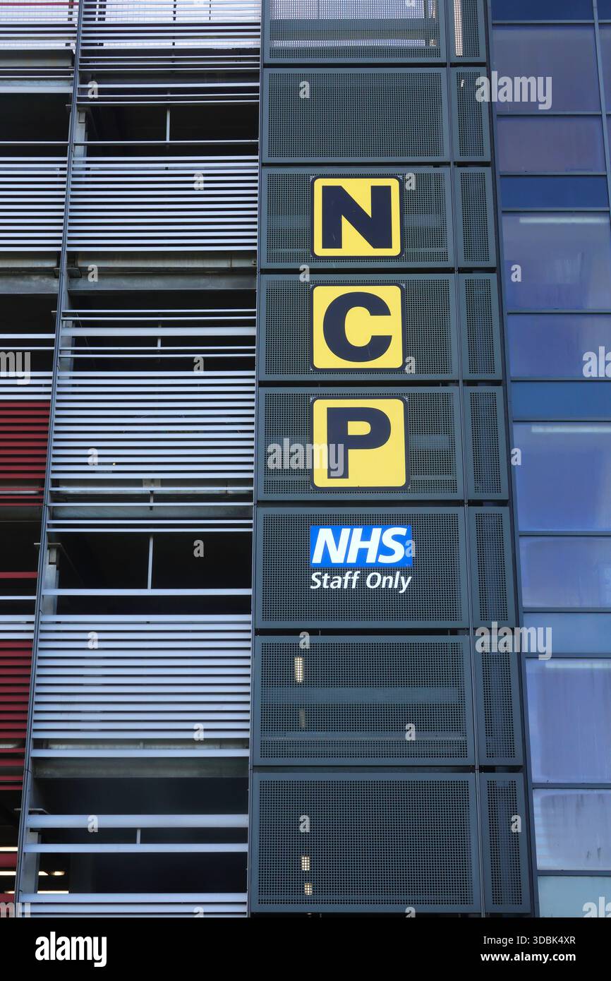 The exterior signage of an NCP car park designated for NHS staff only ...