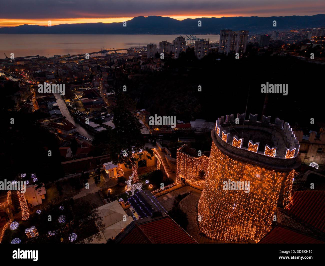 Aerial view of Advent at Gradina decorated with Christmas lights above ...
