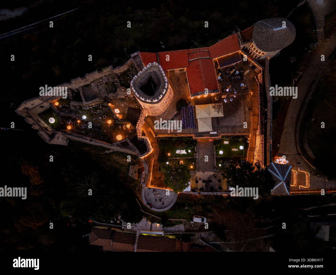 Aerial view of Advent at Gradina decorated with Christmas lights above ...