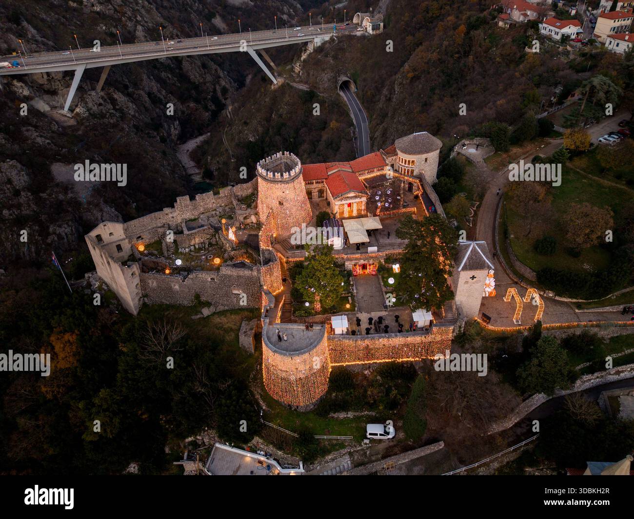 Aerial view of Advent at Gradina decorated with Christmas lights above ...