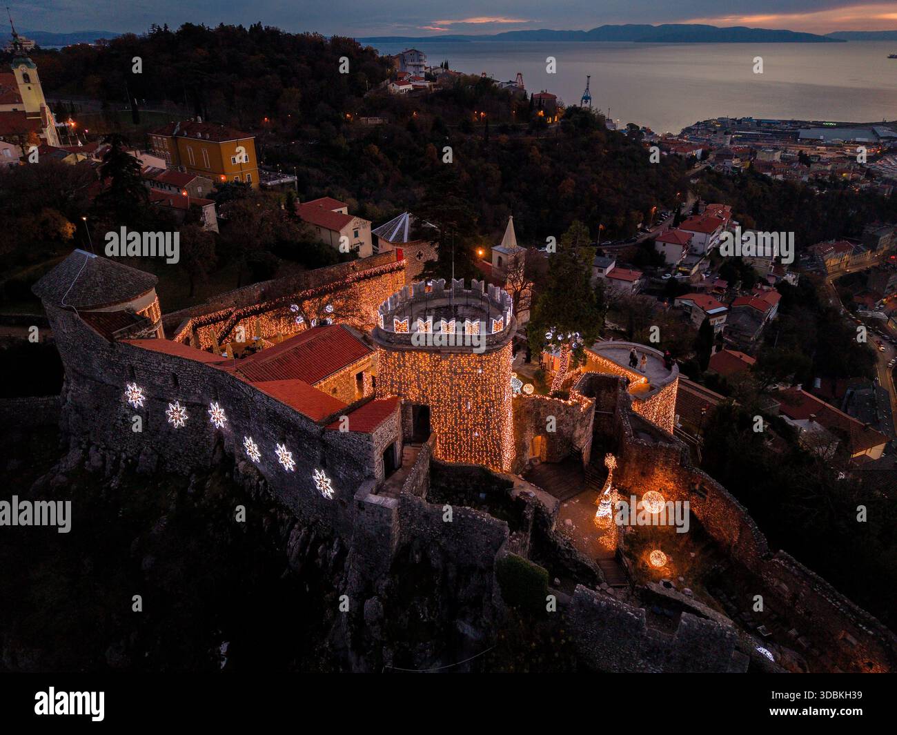 Aerial view of Advent at Gradina decorated with Christmas lights above ...