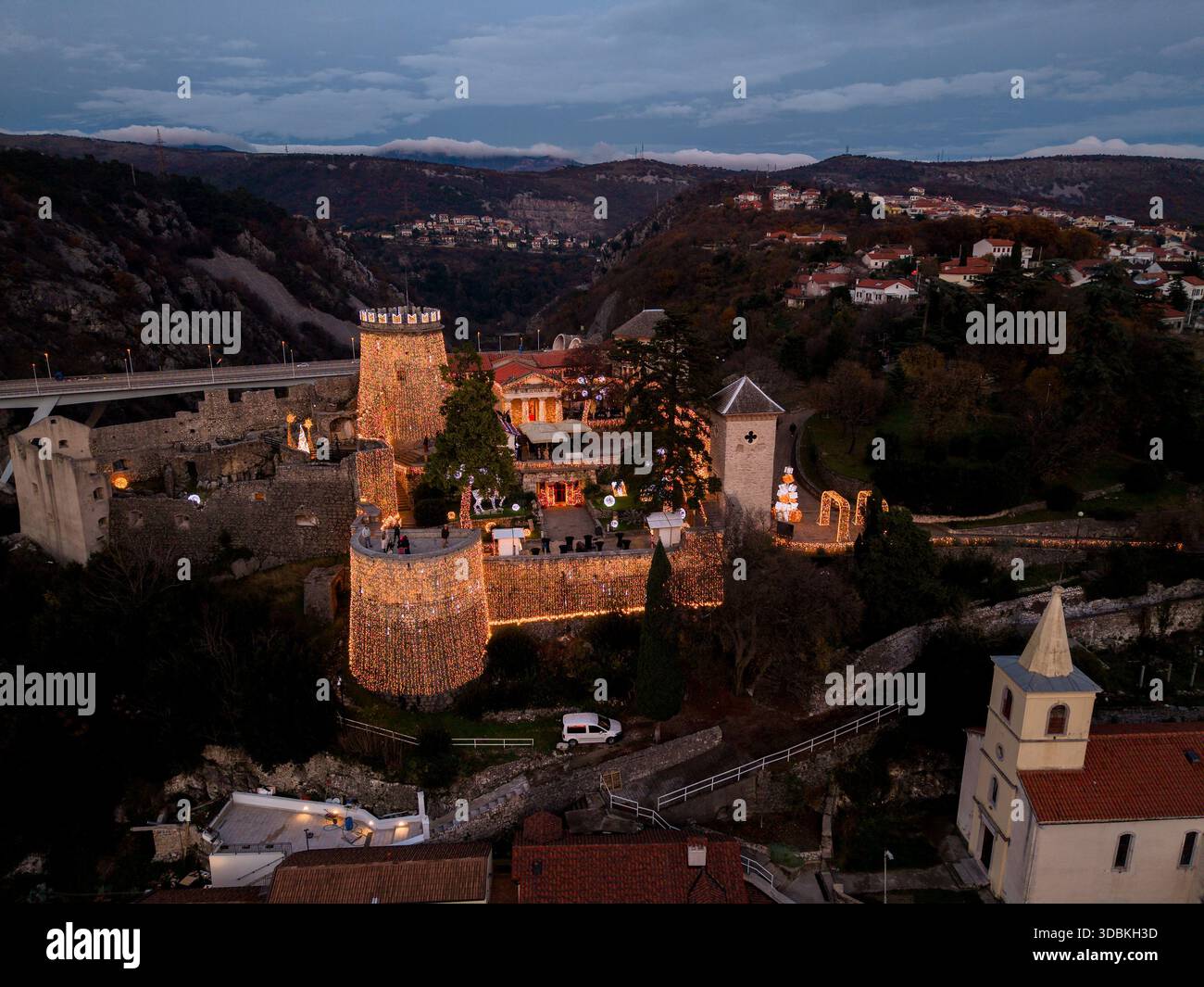 Aerial view of Advent at Gradina decorated with Christmas lights above ...