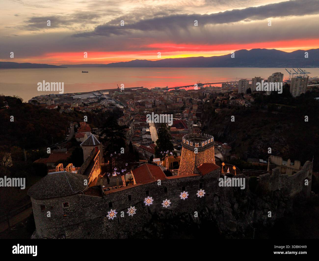 Aerial view of Advent at Gradina decorated with Christmas lights above ...