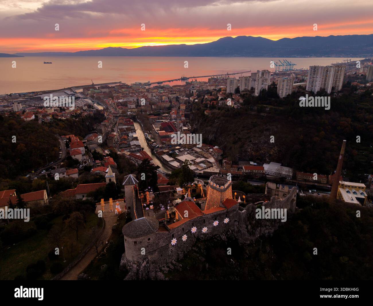Aerial view of Advent at Gradina decorated with Christmas lights above ...