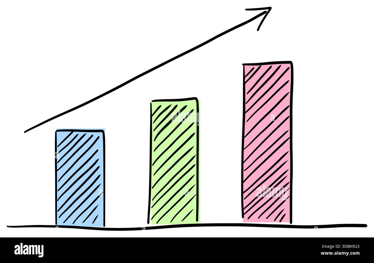 Hand drawn bar chart with growing arrow business analytics doodle ...