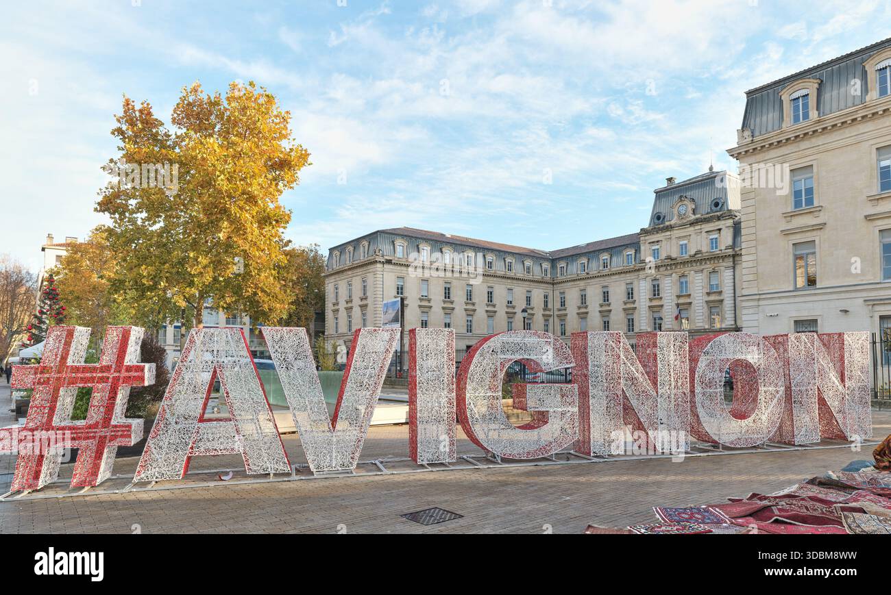 Christmas neon light sign in front of government offices at Avignon ...