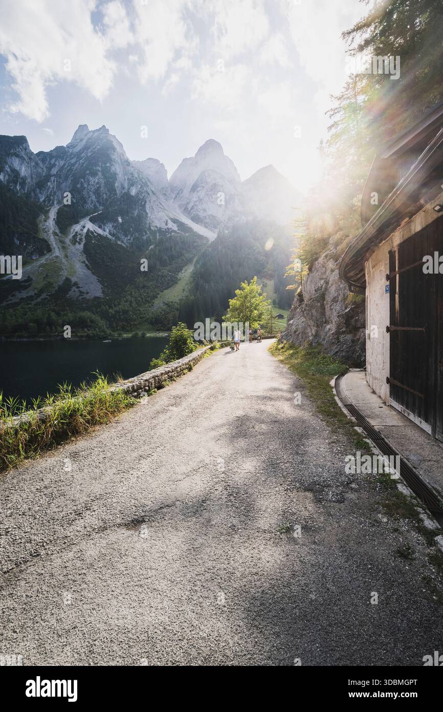 Forest road and hiking trail along the vorderer gosausee hi-res stock ...