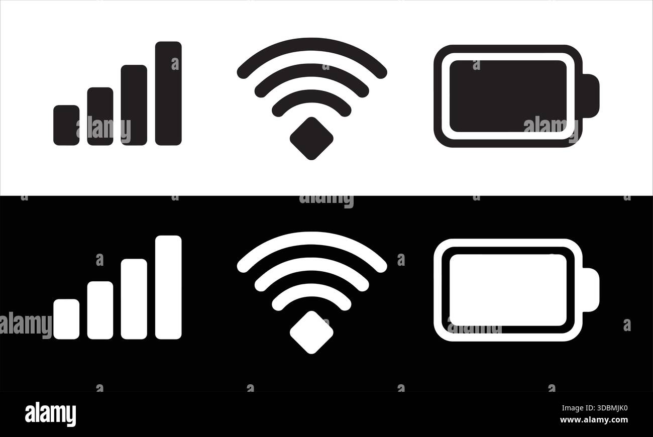 Network WiFi Battery Signal Icons Set Black and White Vector ...