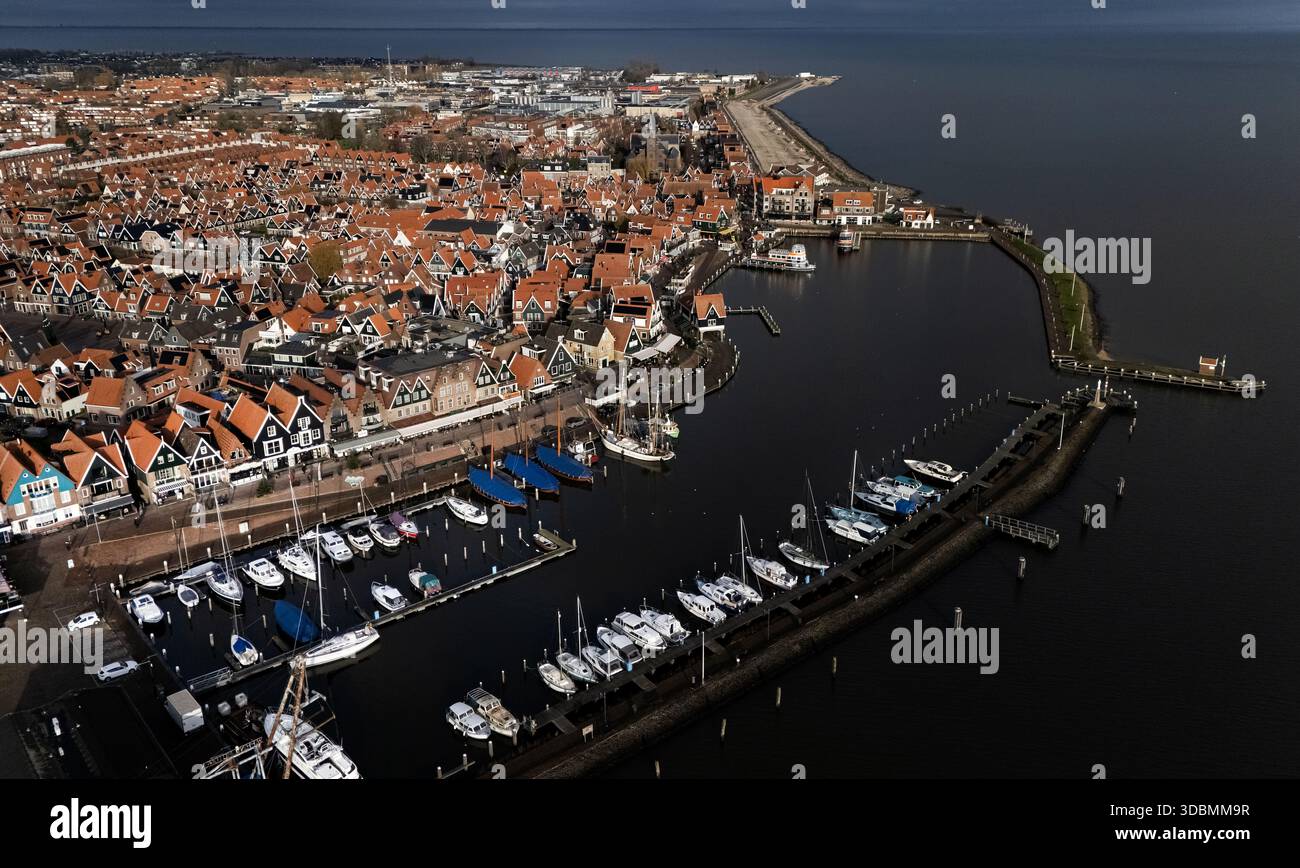 VOLENDAM - A drone photo of the harbor and town center of Volendam. It ...