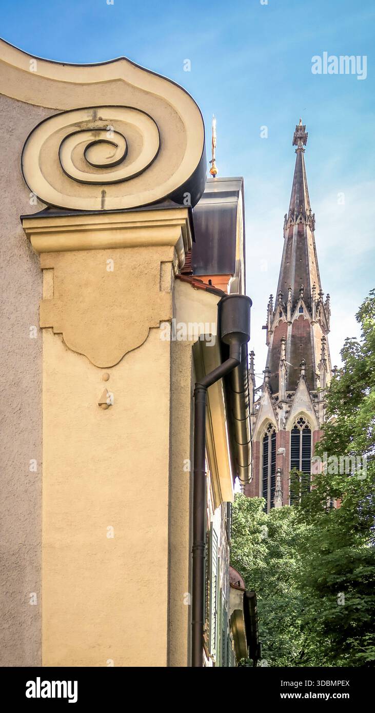 Tower of the Heilig Kreuz church in Giesing in Munich. The neo-Gothic ...