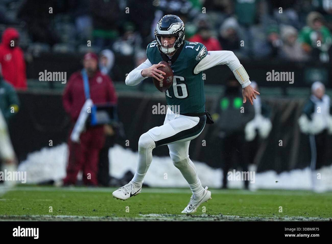 Philadelphia Eagles quarterback Tanner McKee in action during an NFL football game, Sunday, Dec ...