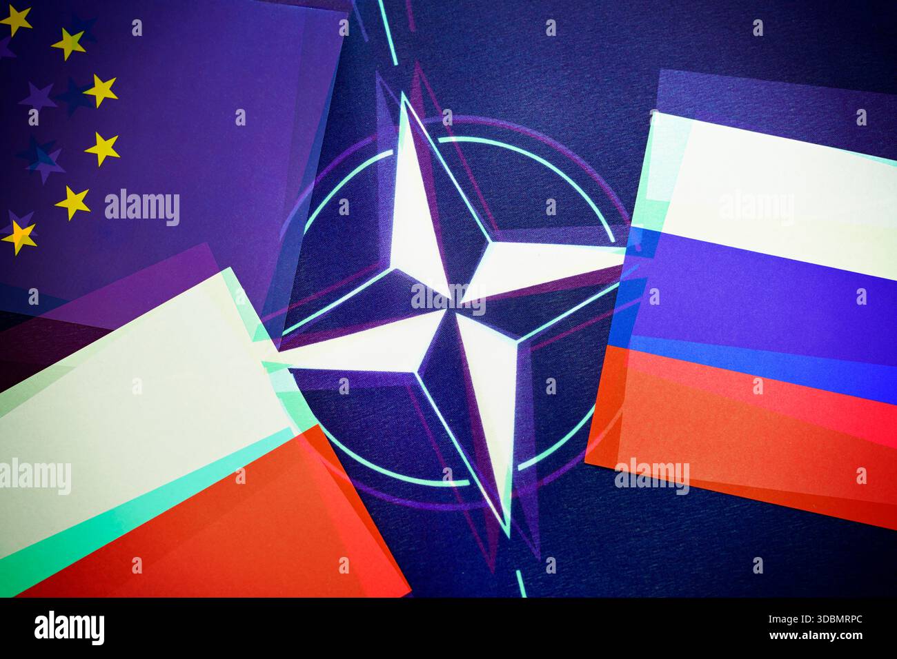 The flags of the EU, Poland and Russia on a NATO flag, airspace ...