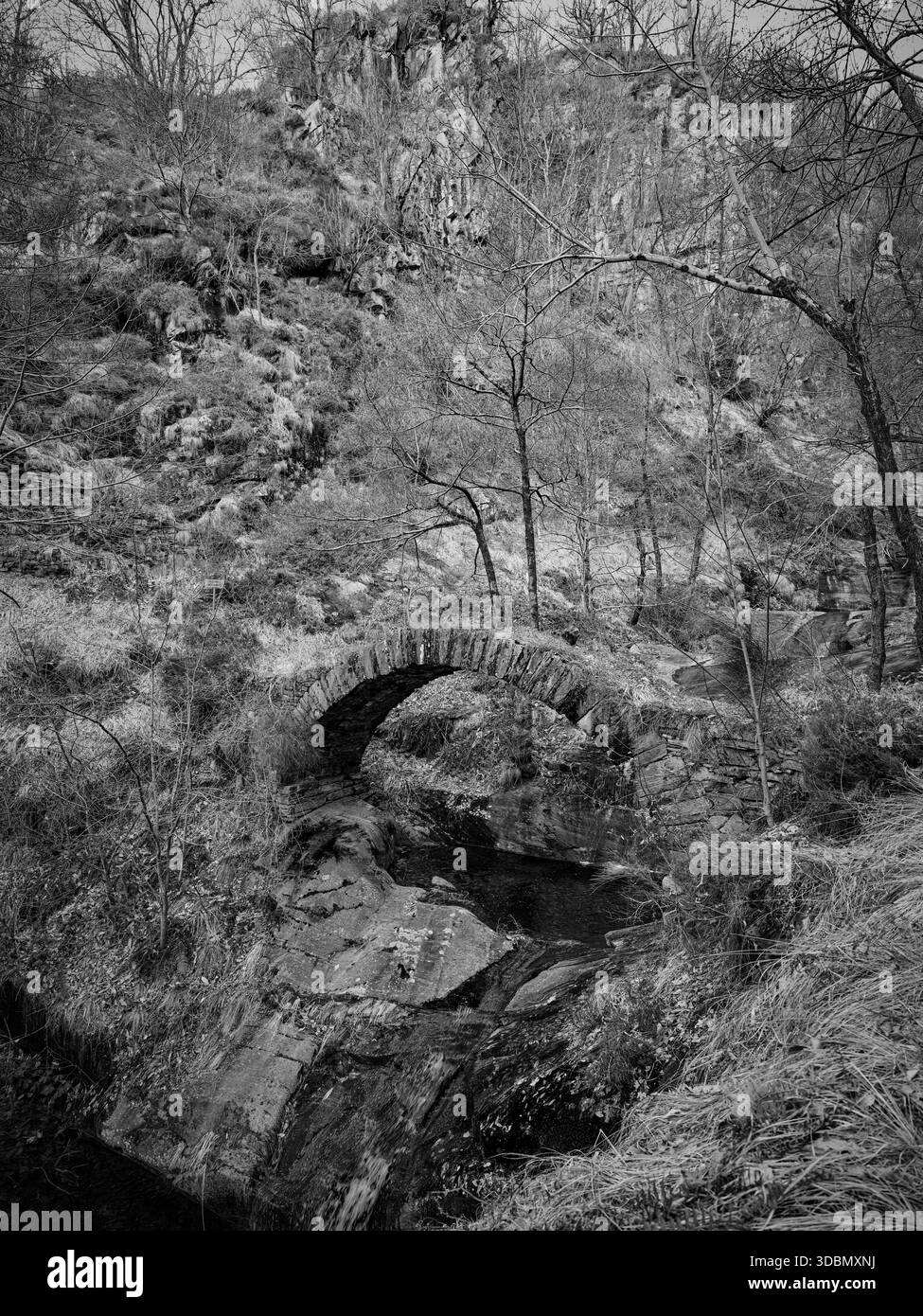 Historic dry stone arch bridge over the stream below cratolo, onsernone ...