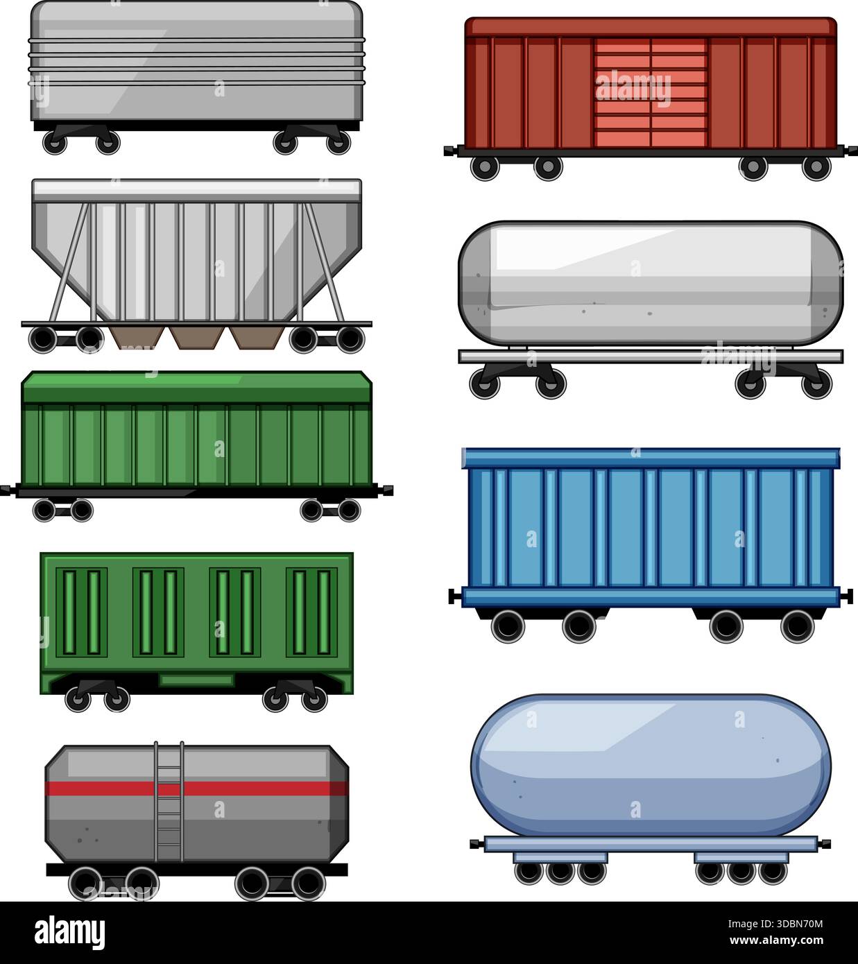 Different freight train wagons transporting various cargo types Stock ...