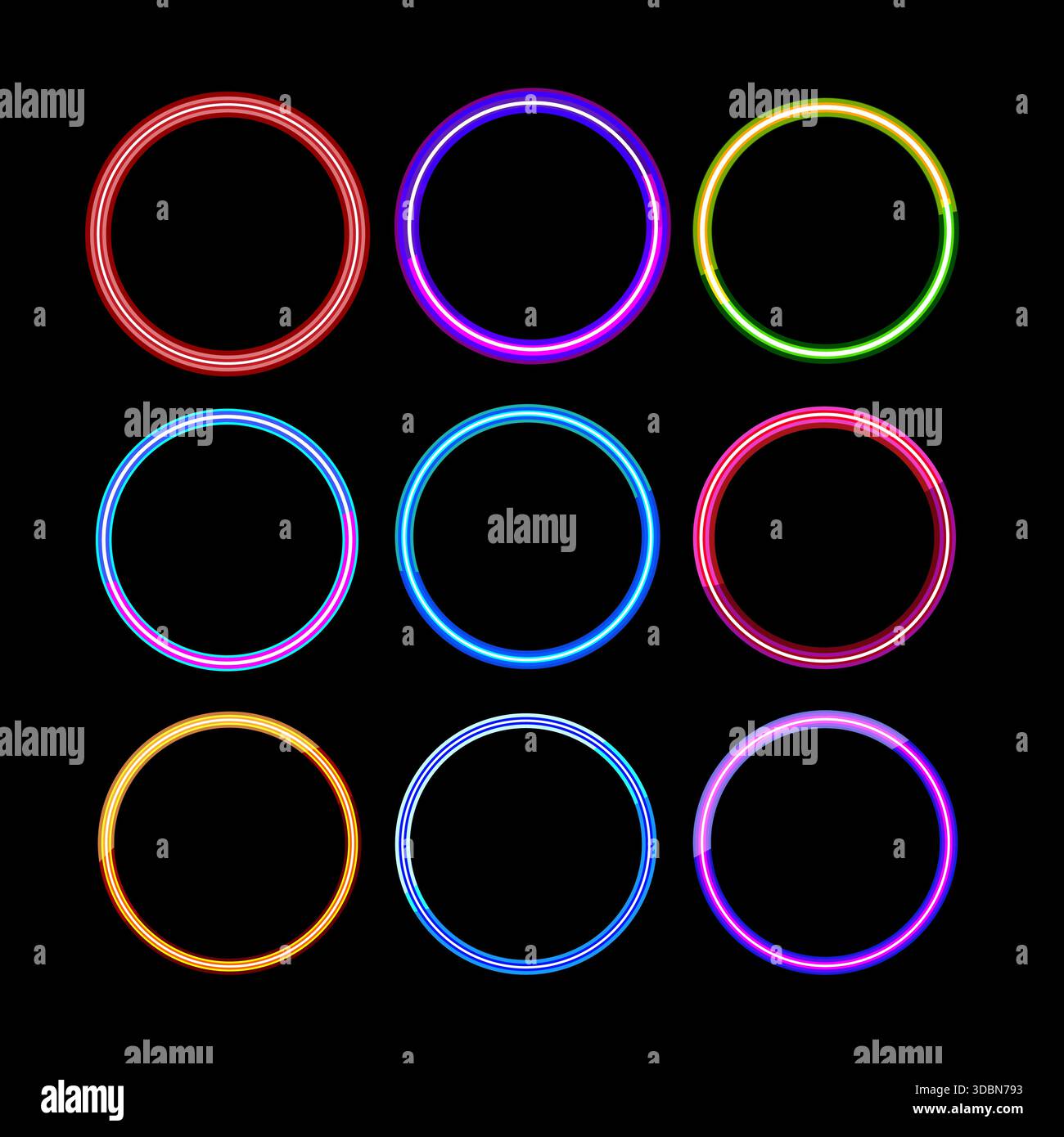 Glowing colorful neon circle frames set on black Stock Vector Image ...