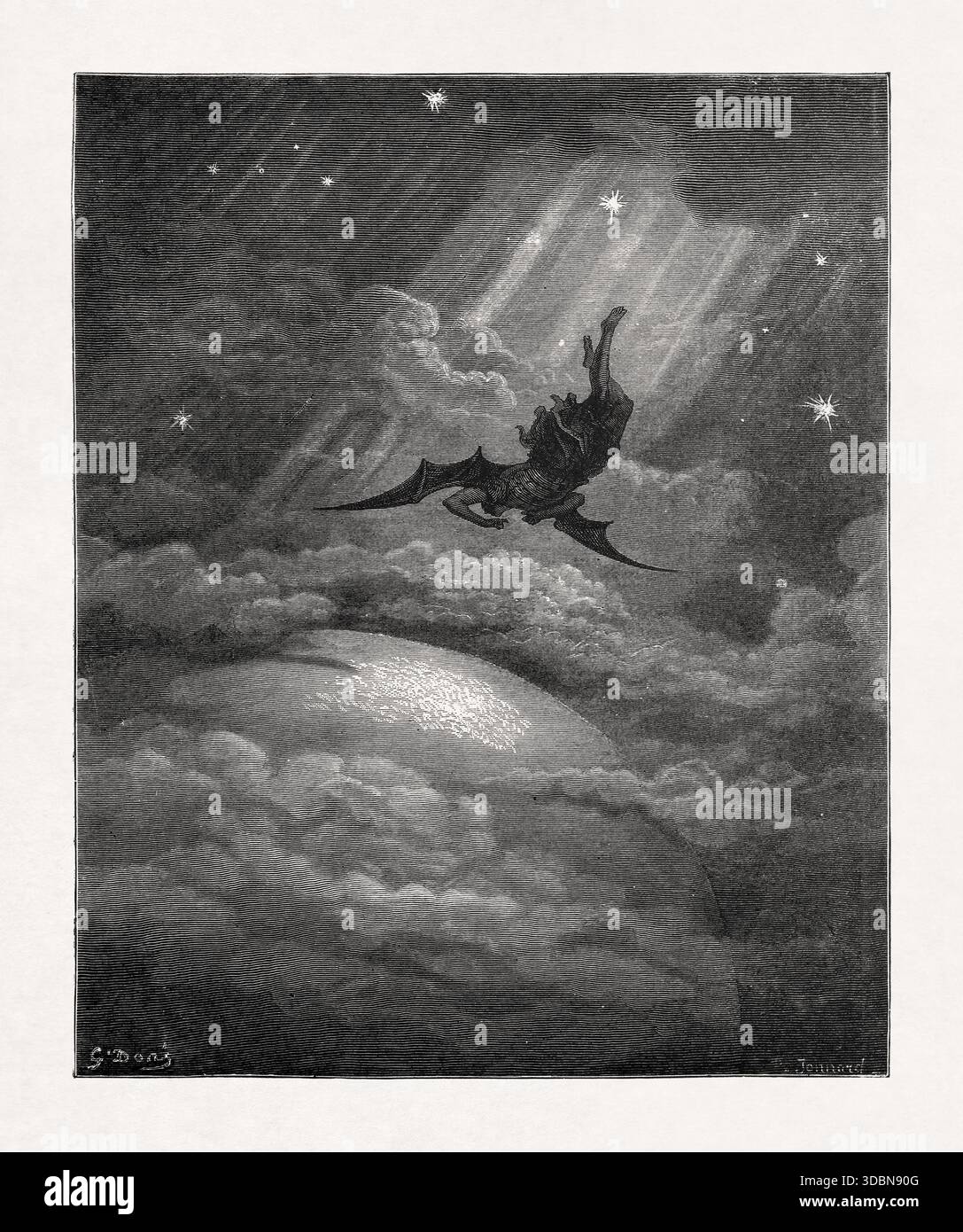 Black and white engraving by Gustave Doré depicting Lucifer being ...