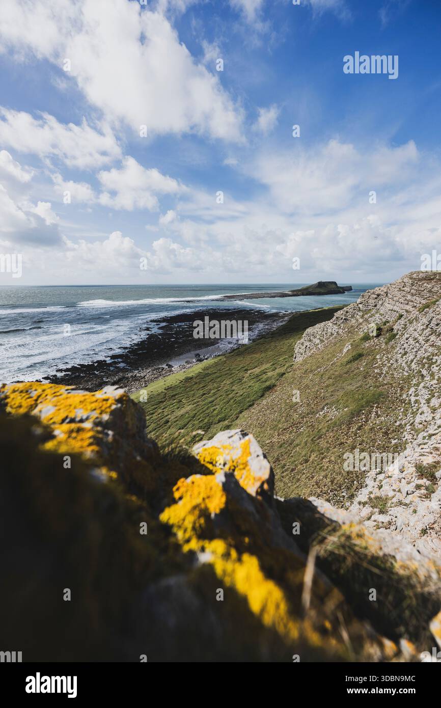 The spectacular coastal path to Worms Head, a huge island in the shape ...