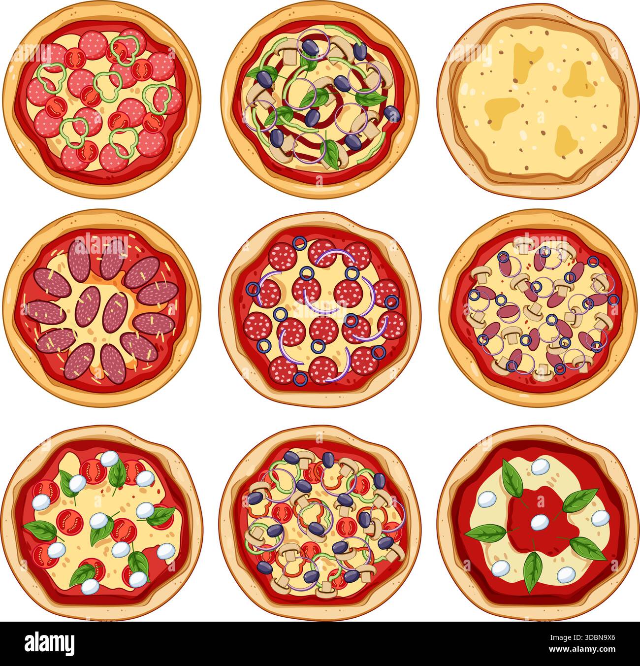 Different pizza types creating delicious food variety Stock Vector ...