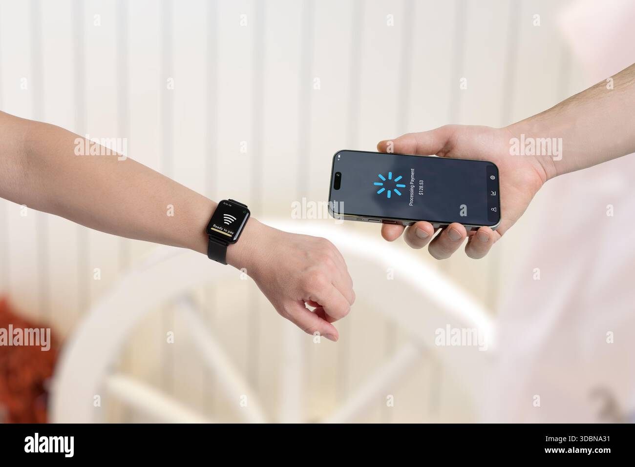 Smartwatch and smartphone contactless payment processing, showing ...