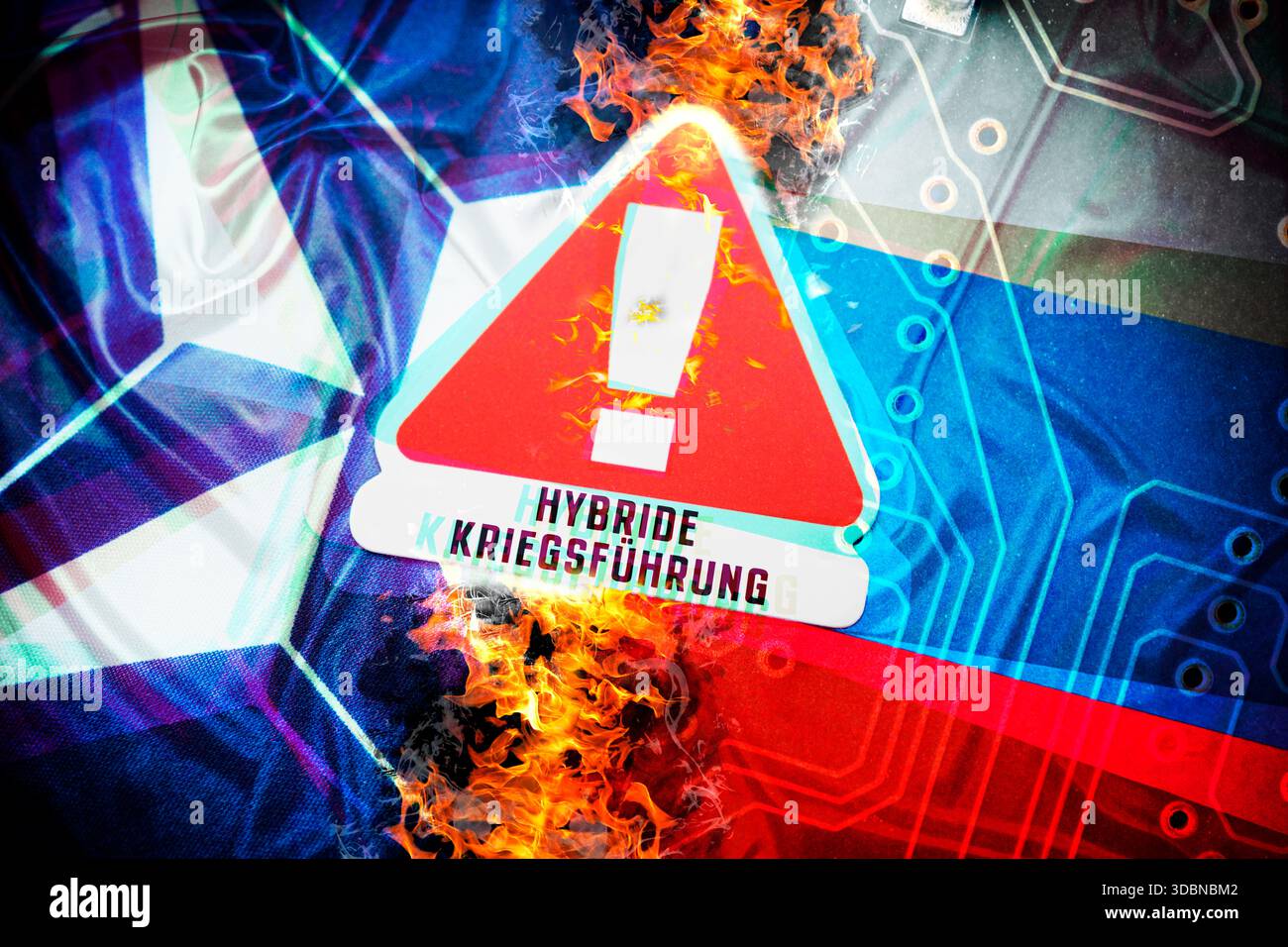 The flags of NATO and Russia with danger sign and inscription hybrid ...
