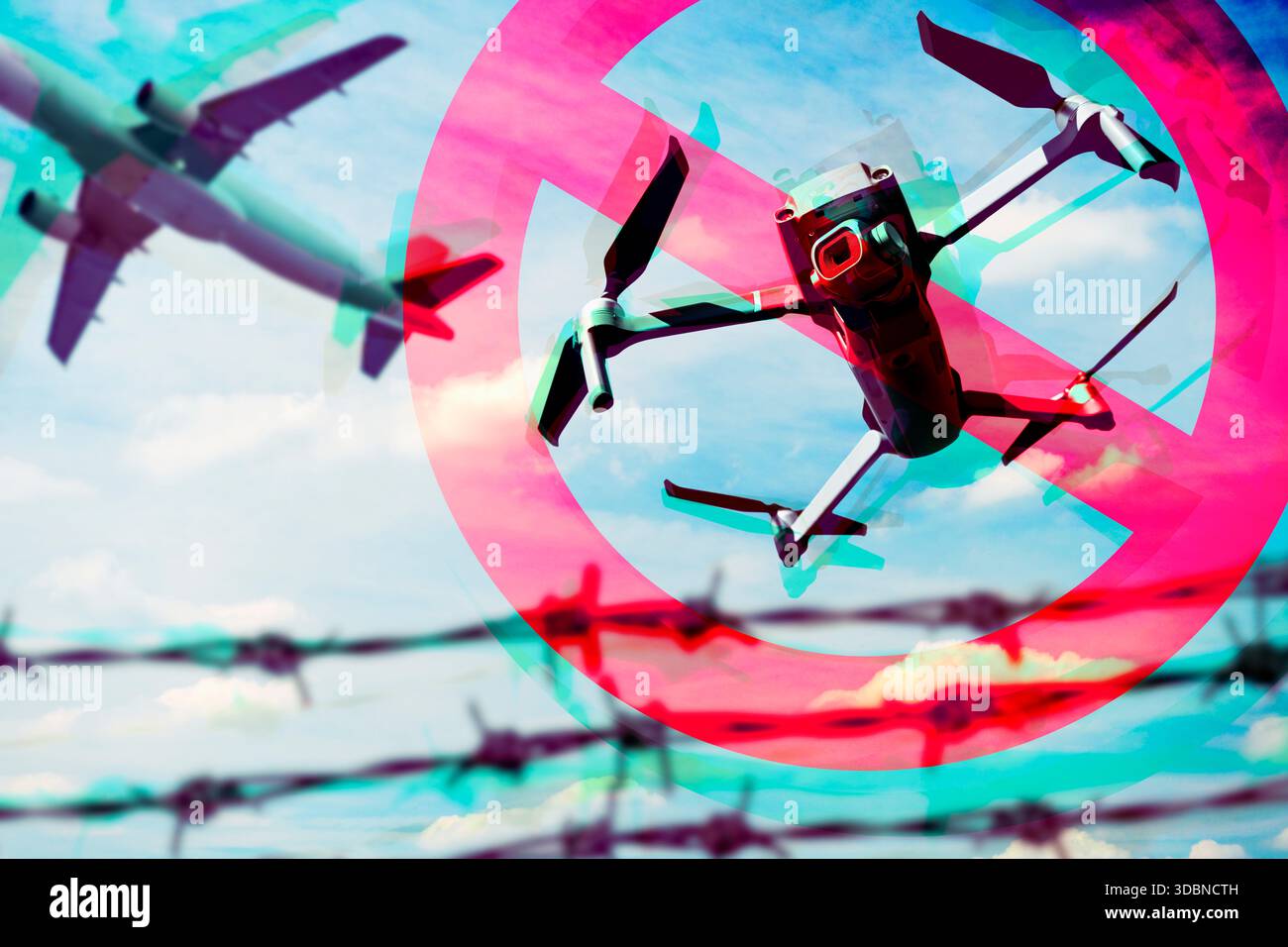 Drone in the sky and aircraft taking off, symbolic photo drone ban at ...