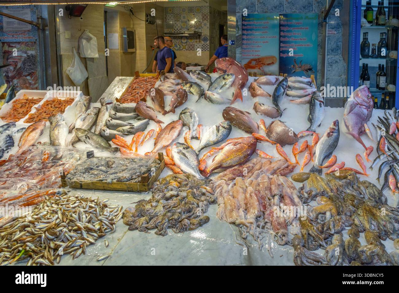 Fresh fish and daily catch on display at an open-air stall in the Capo ...