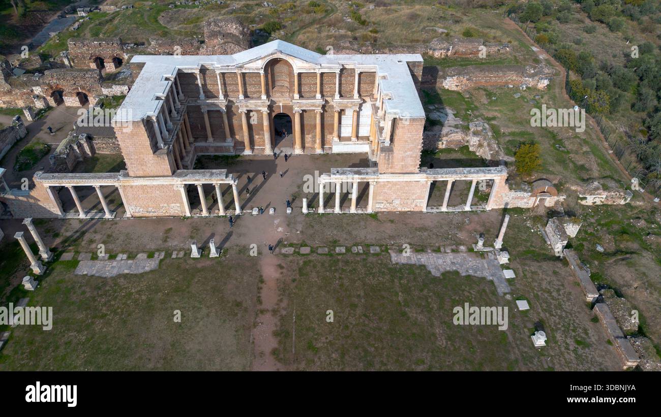 Aerial view with drone; Sardes (Sardis) Ancient City which has ...