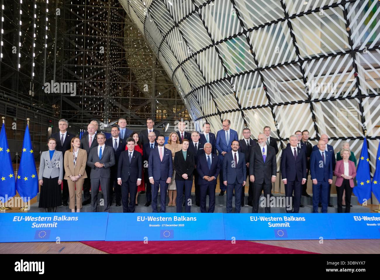 European Union heads of state pose with Western Balkan leaders during a ...