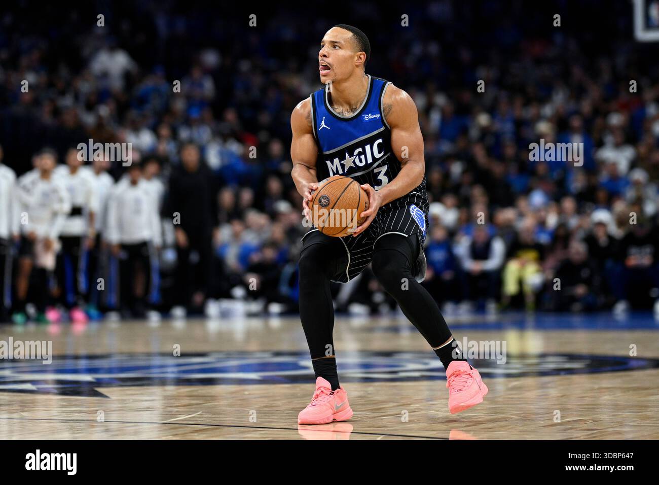 Orlando Magic guard Desmond Bane (3) sets up to shoot against the Miami ...