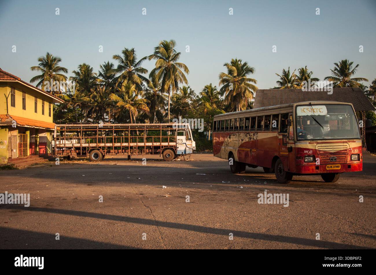 small town bus station with old buses parked in Kerala, India Stock ...