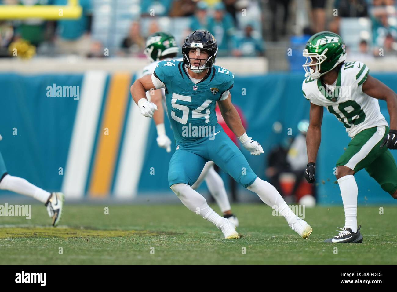 Jacksonville Jaguars linebacker Jack Kiser (54) defends near the line ...