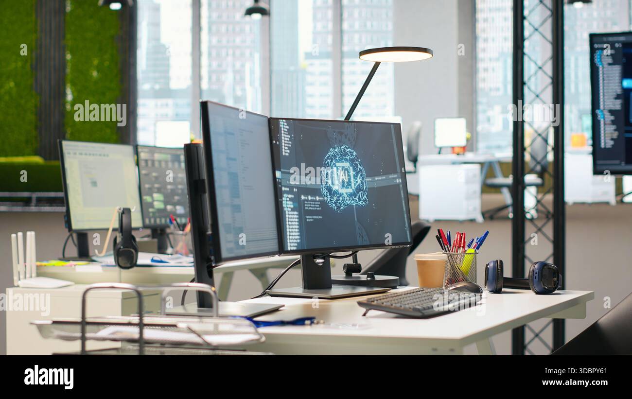 PC in empty tech startup office displaying AI neural networks ...