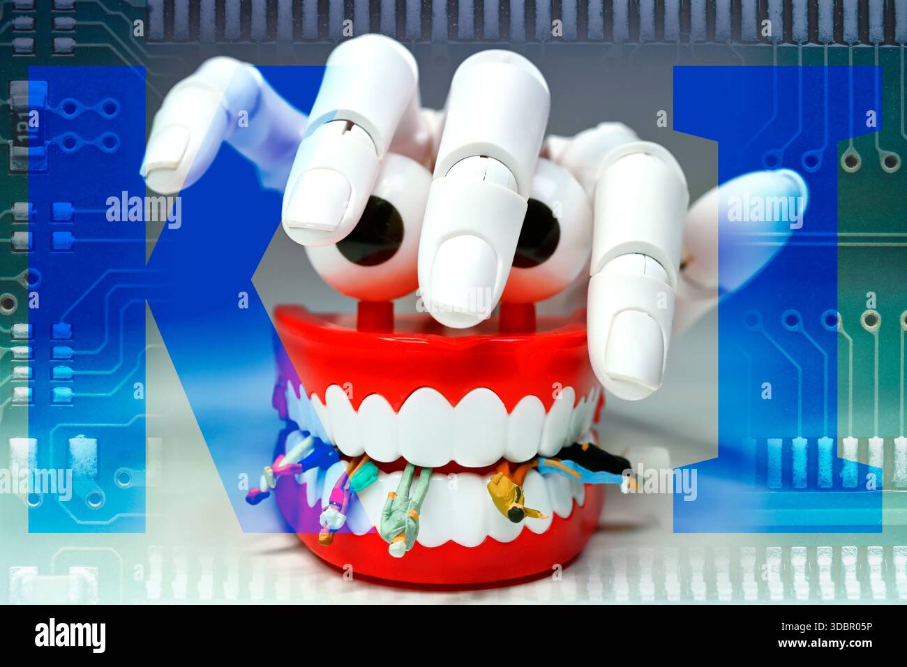 Robot hand on teeth with AI lettering, symbolic photo for the ...