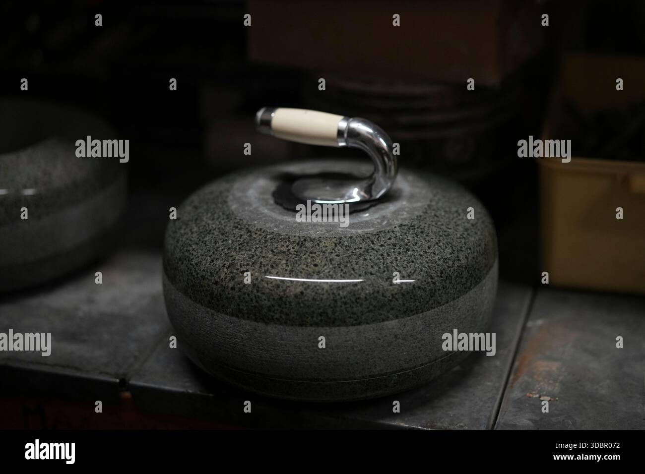 A finished curling stone in a store room at Kays Curling stone factory ...