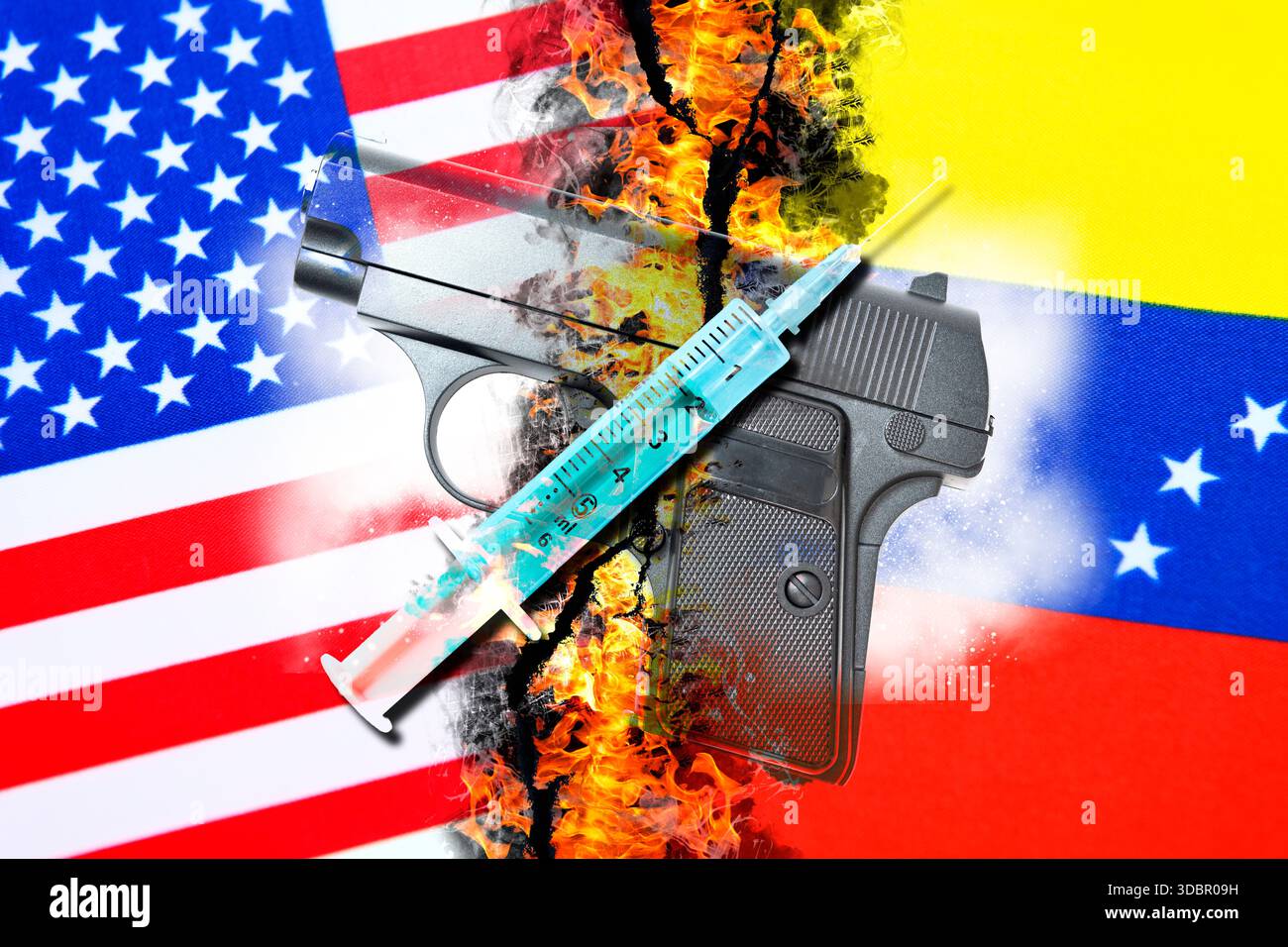 Flags of USA and Venezuela with break, drug syringe and weapon, drug ...