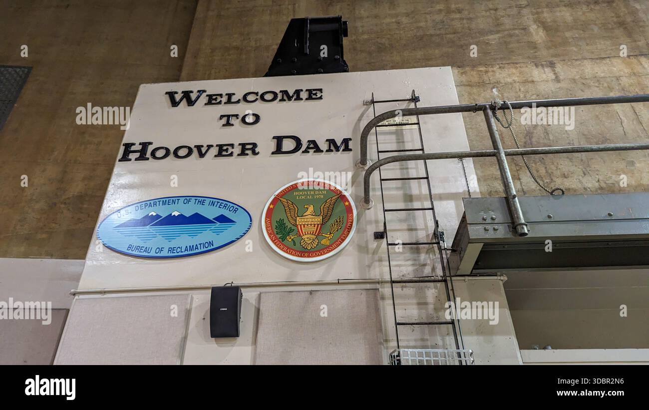 Welcome to Hoover Dam sign and logos inside interior turbine generator ...