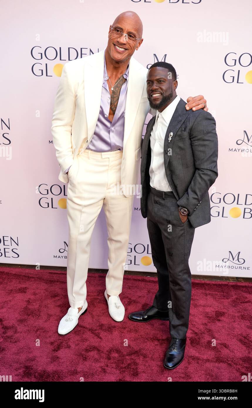 Dwayne Johnson, left, and Kevin Hart pose together at the Golden Globes ...
