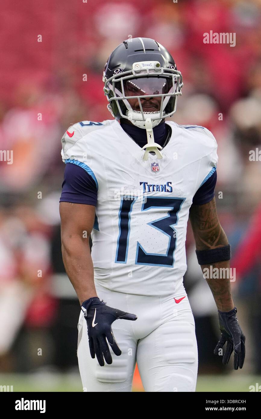 Tennessee Titans wide receiver James Proche II (13) warms up before an ...