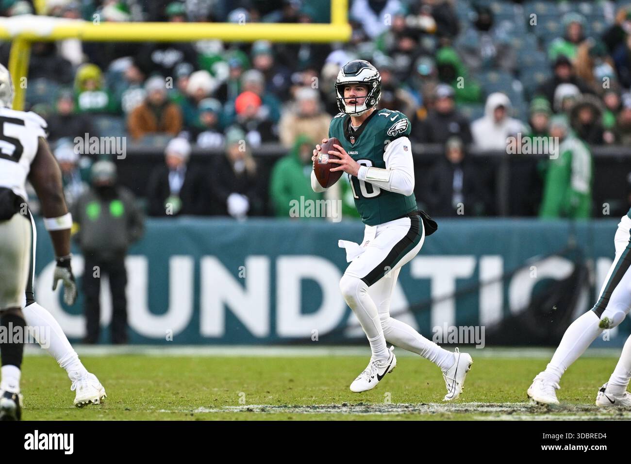 Philadelphia Eagles quarterback Tanner McKee (16) looks to pass the ball during the second half ...