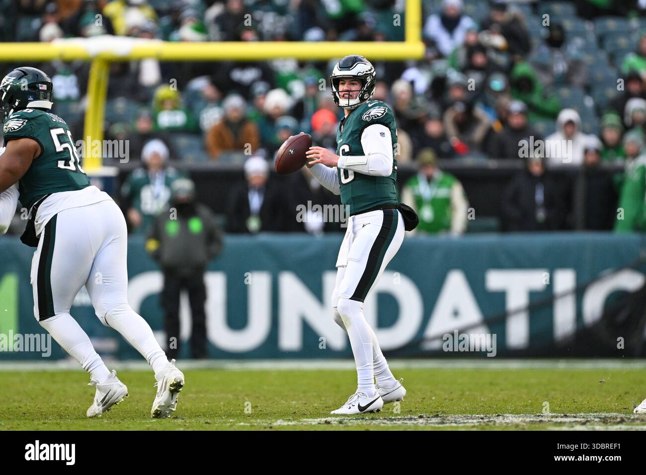 Philadelphia Eagles quarterback Tanner McKee (16) looks to pass the ball during the second half ...