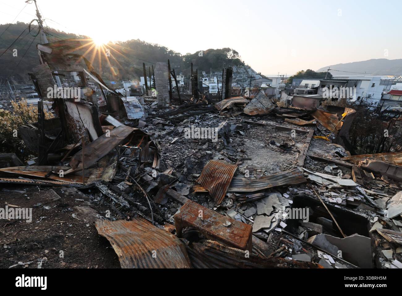 A photo shows the ruins of a large-scale fire in Saganoseki, Oita City ...